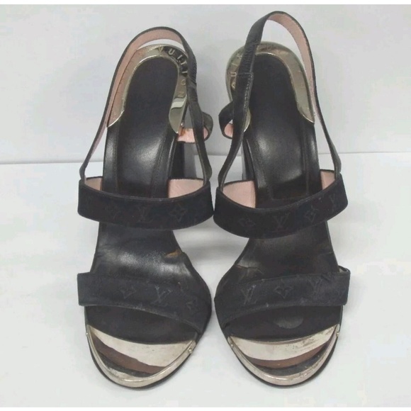 Louis Vuitton | Shoes | L Vuitton Black Chrome Silver Open Toe Logo ...
